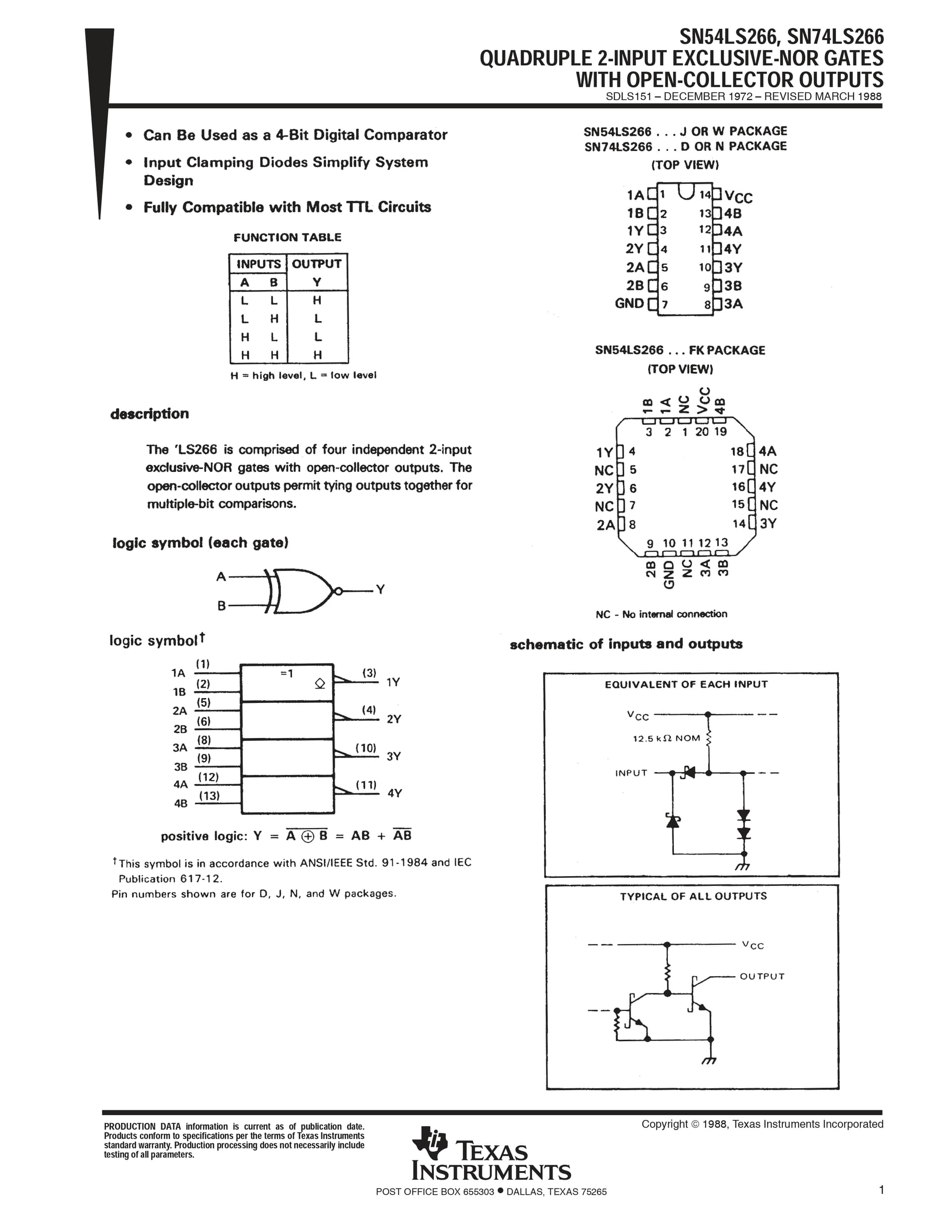74266 IC Datasheet - XNOR Gate Pin Configuration Truth Table (Circuito ...