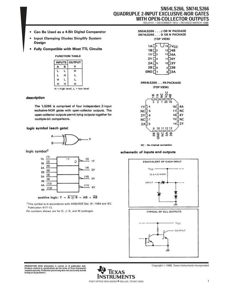 74266 XNOR Gate IC Pin Diagram Datasheet 74266/74LS266 - Datasheet ...