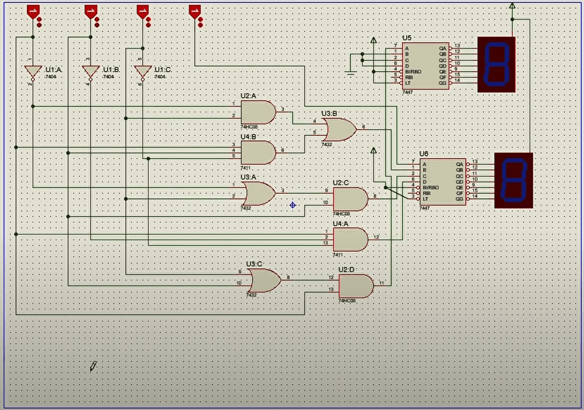 Sumador de 4 bits con displays de 7 segmentos en Proteus (Usando 7408 ...